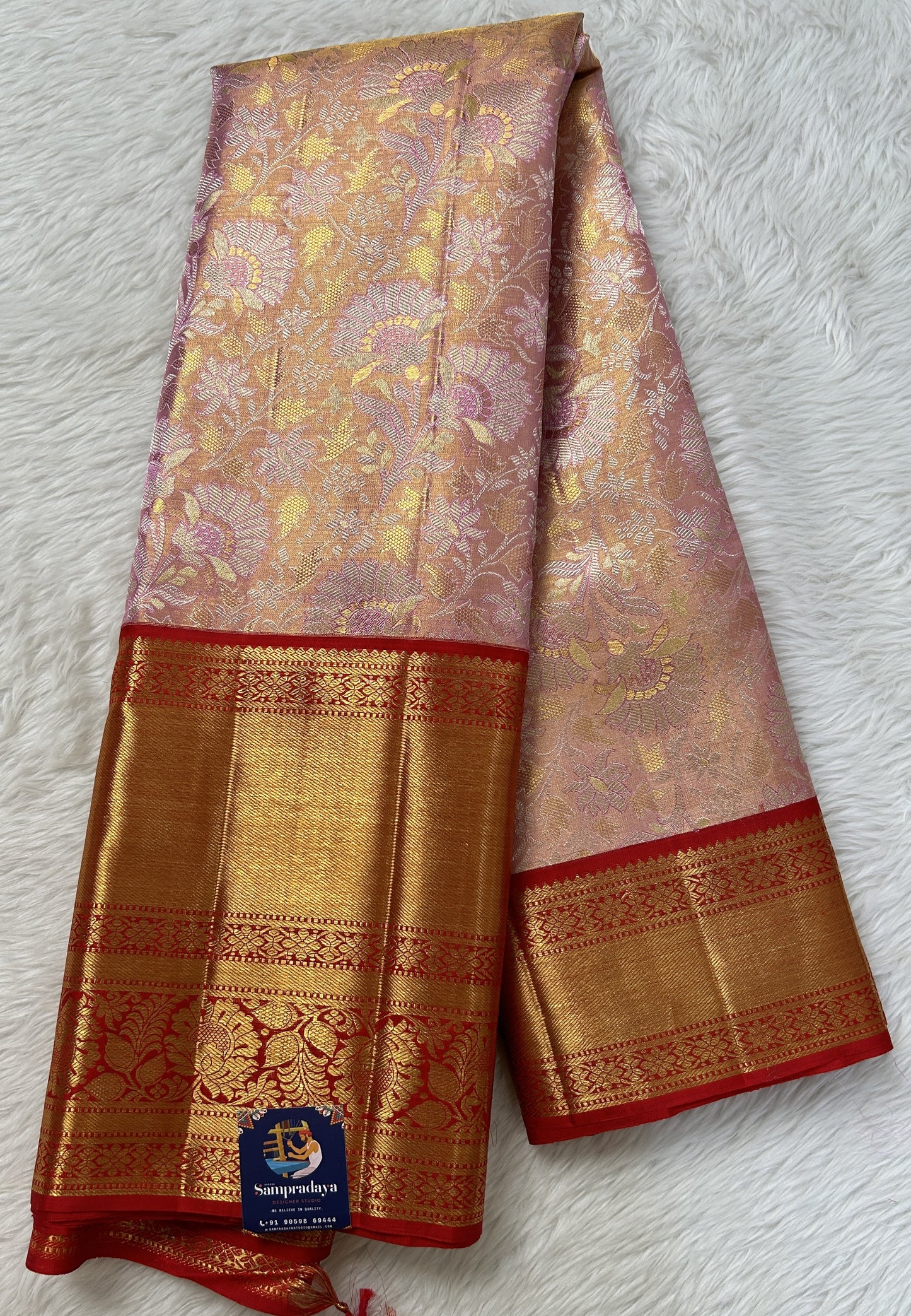Pure Kanjivaram Silk Saree Pink Color| Red Color Gold Kanchi Border. – Sampradaya Designer Studio