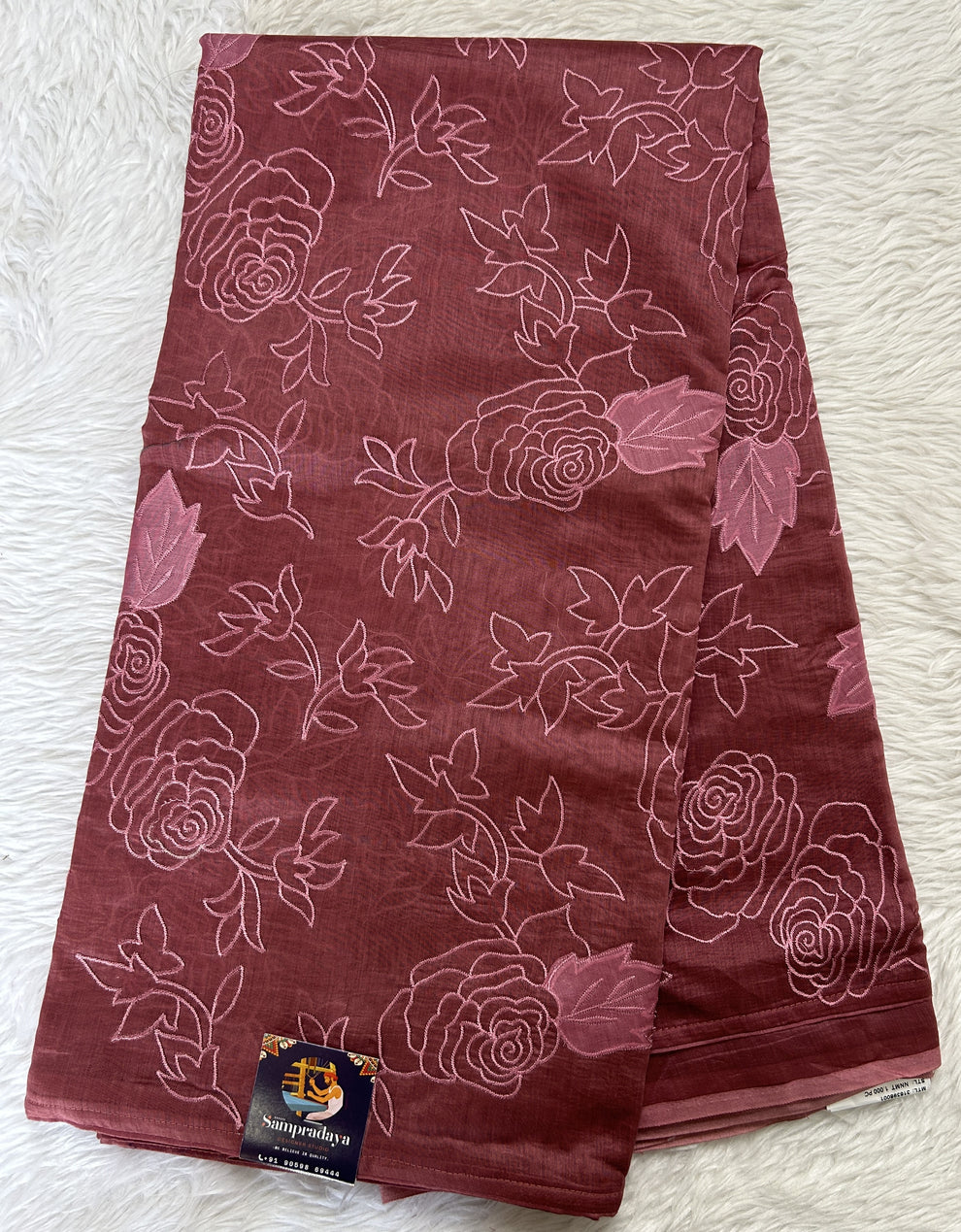 Applique Work Saree Rusty Rose Color with a Borderless. – Sampradaya ...