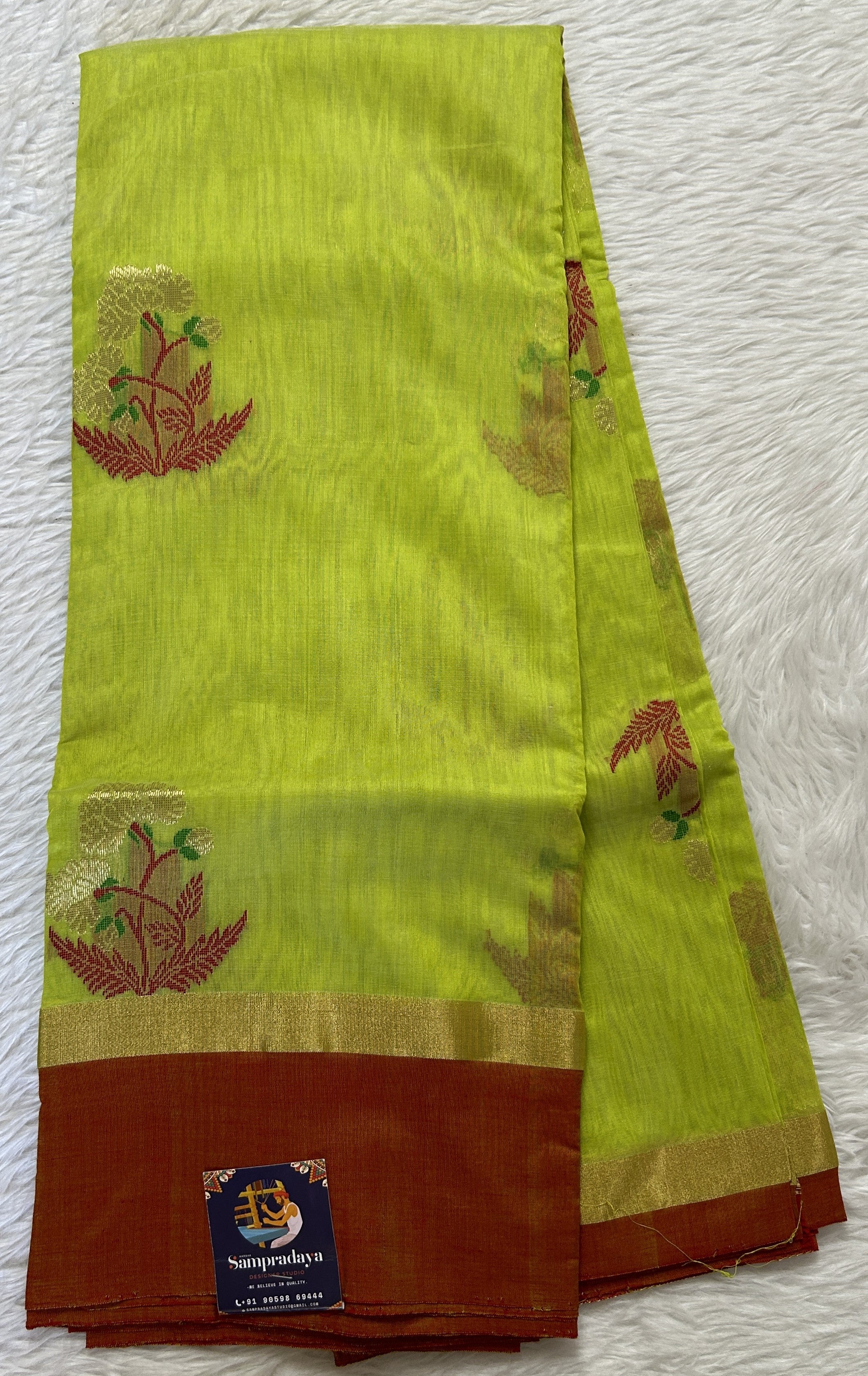 Chanderi Sico Saree Lime Green Color with a Orange Zari Border ...