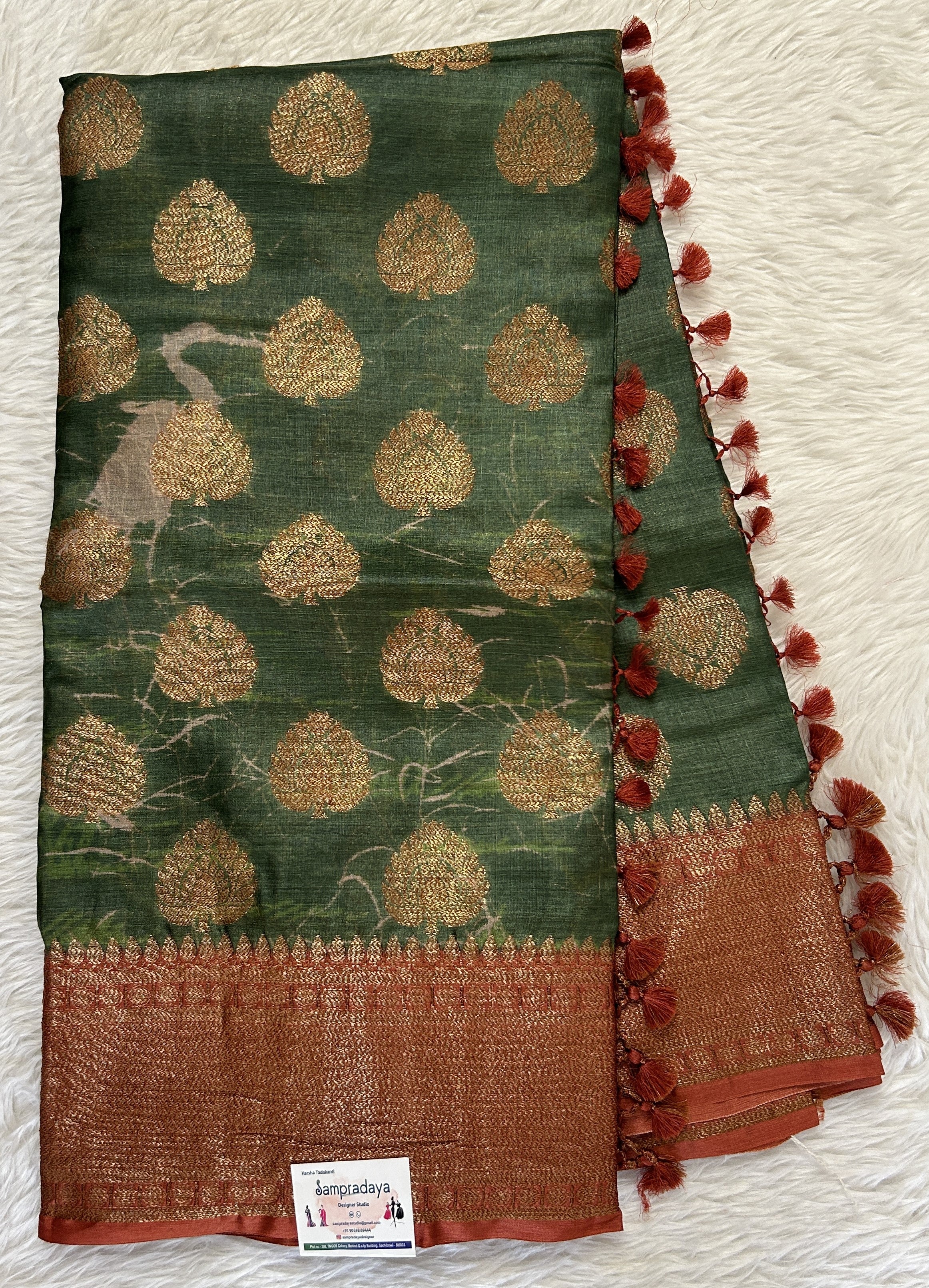 Pure Tussar Saree Green Color | Rust Zari Border. – Sampradaya Designer ...